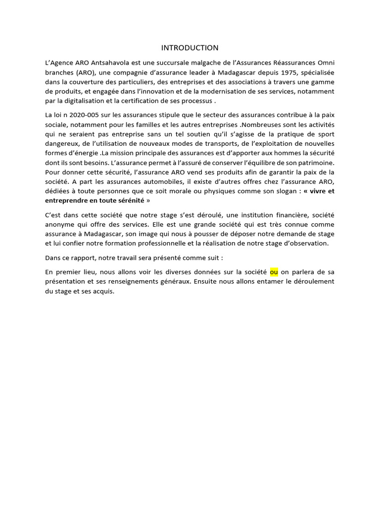 Rapport de stage à l'ARO Madagascar | PDF | Assurance | Madagascar