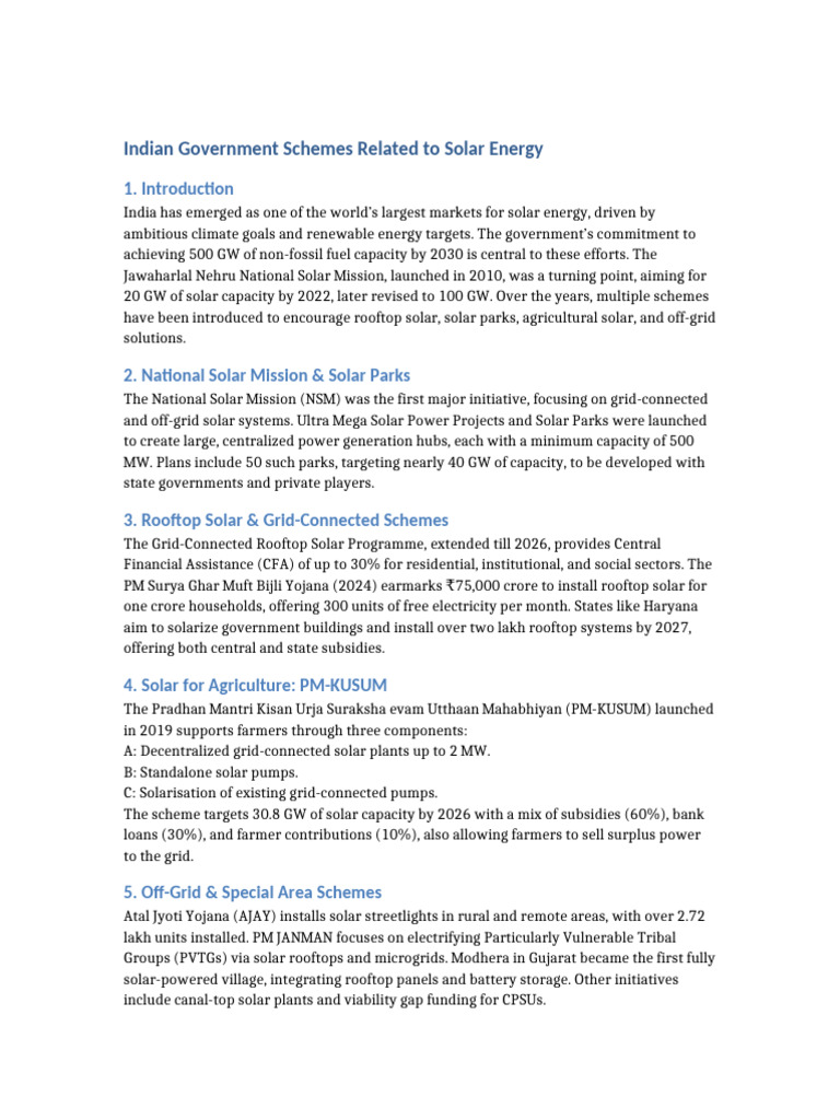 Indian Solar Energy Government Schemes | PDF | Solar Power ...
