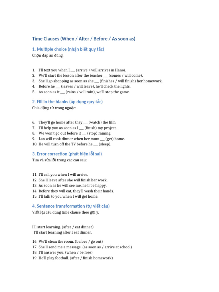 Time Clauses: Exercises and Practice | PDF