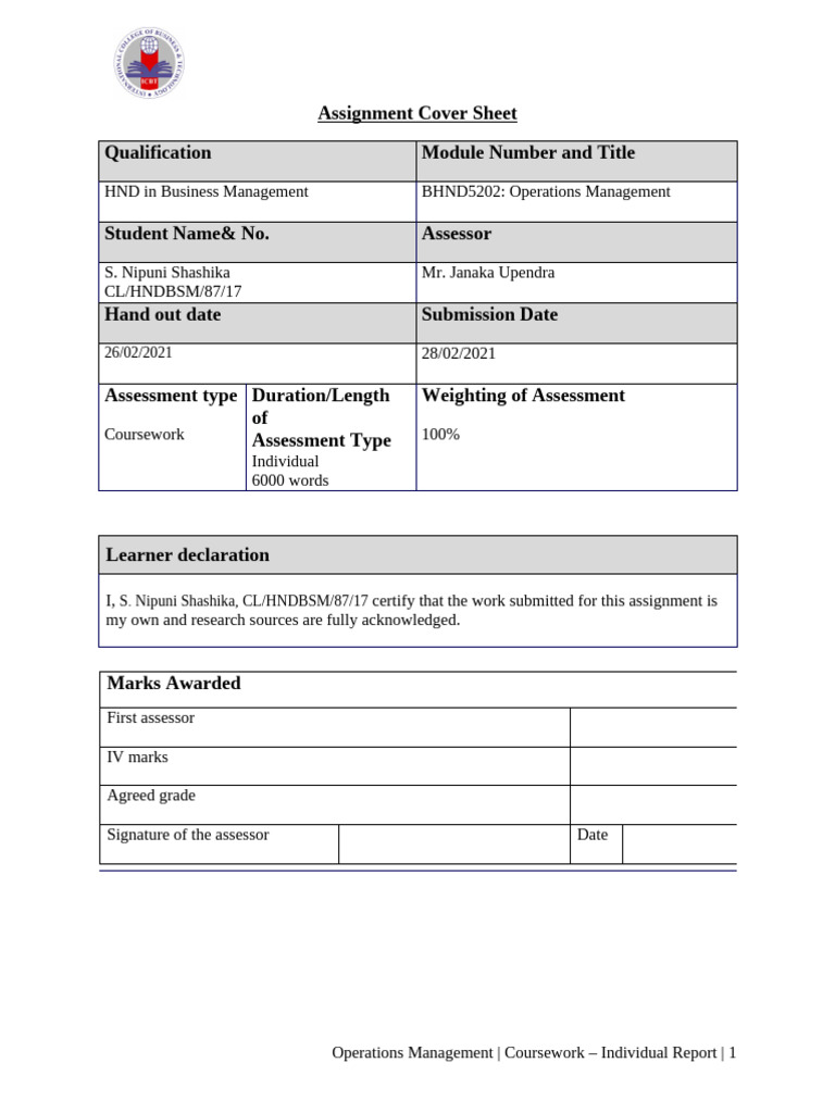 Operations Management Assignment | PDF | Quality Management System ...