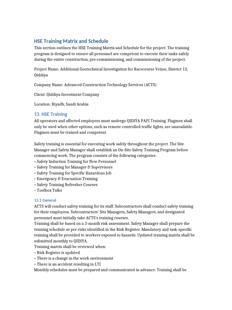 HSE Training Matrix and Schedule According To Plan | PDF | Occupational Safety And Health ...