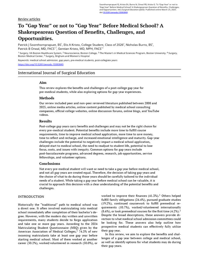 To Gap Year or Not To Gap Year Before Medical School A Shakespearean ...