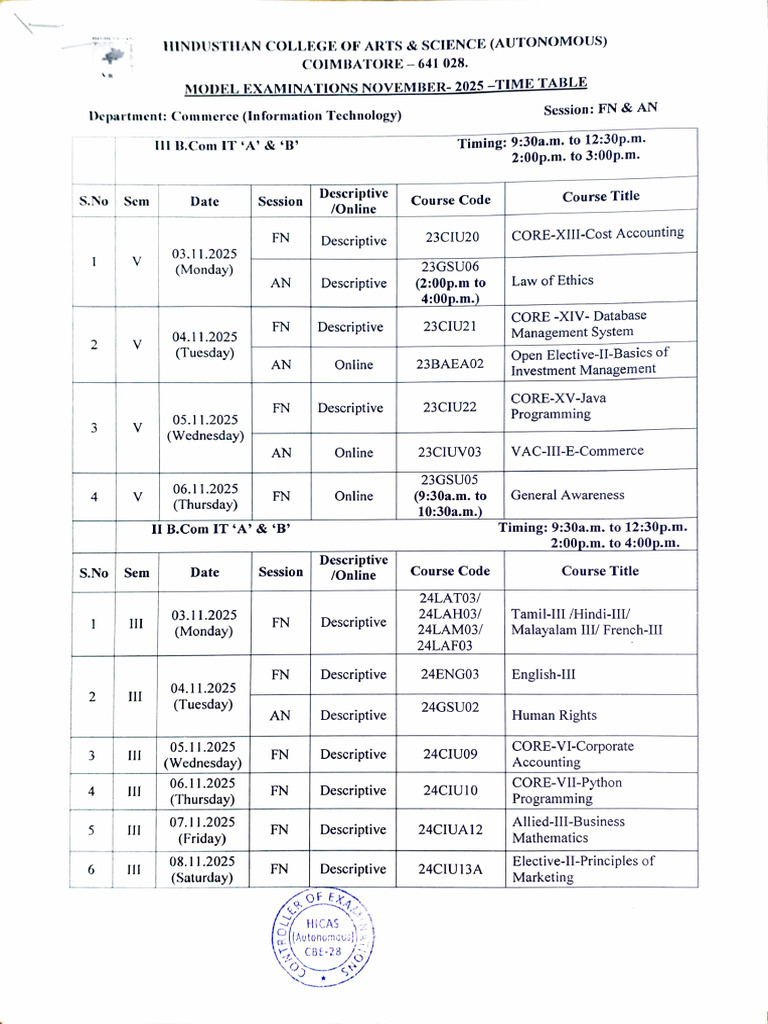 B.Com IT Model Exam Timetable 2025 | PDF | Business