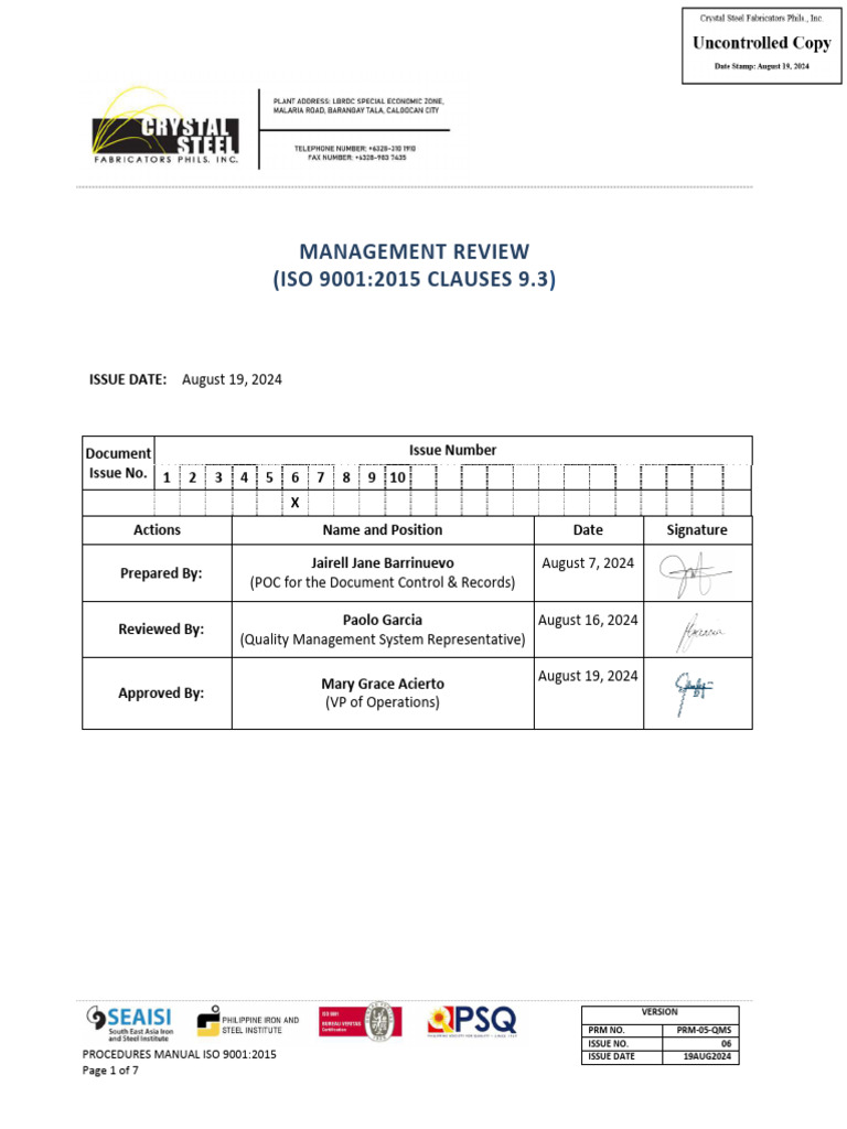 PRM-05-QMS Management Review - Issue6 | PDF | Audit | Quality Management System
