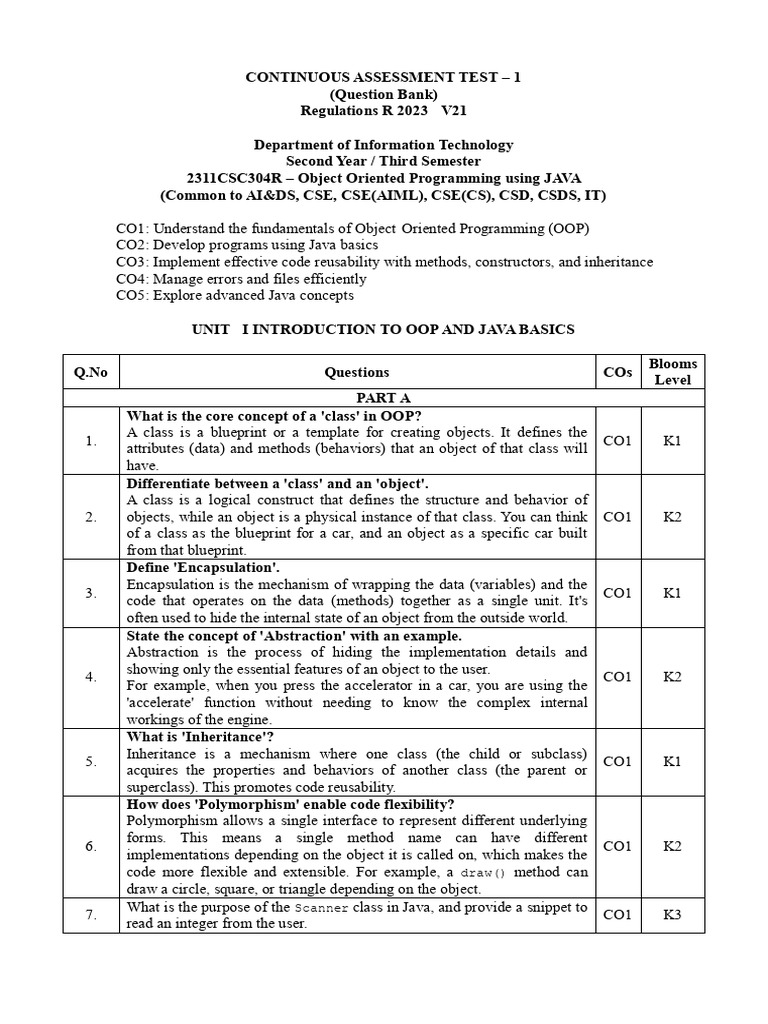 2311csc304r Oops (Java) Cat-1qb Ans | PDF | Class (Computer Programming) | Inheritance (Object ...