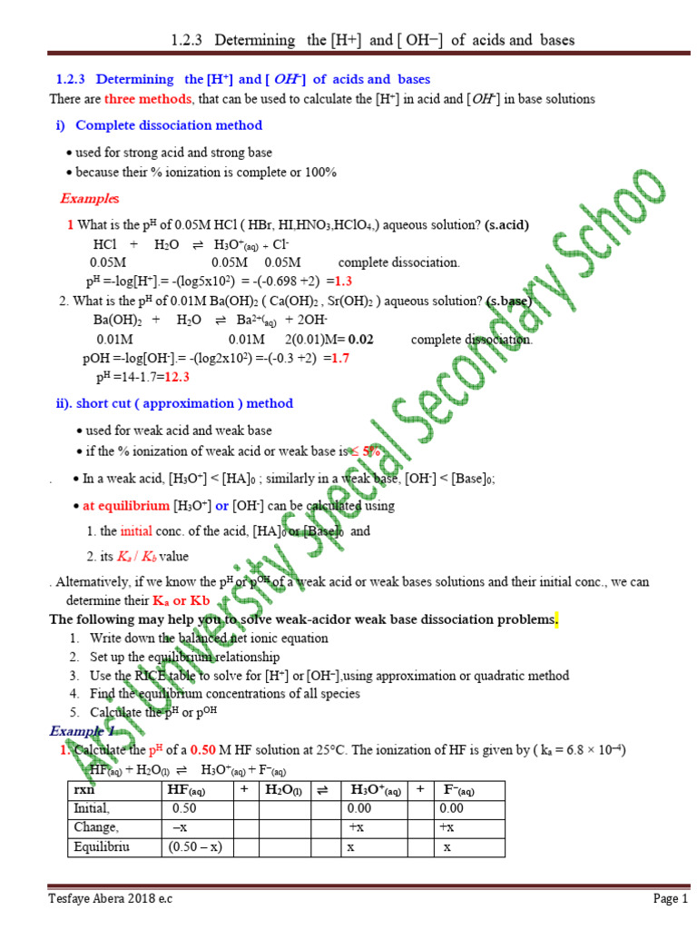 1 2 3 Determining The H+ and OH of Acids and Bases Arsi | PDF | Ph | Acid
