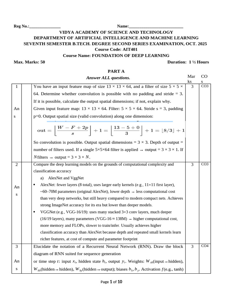 Deep Learning Exam Questions and Answers | PDF | Learning | Networks