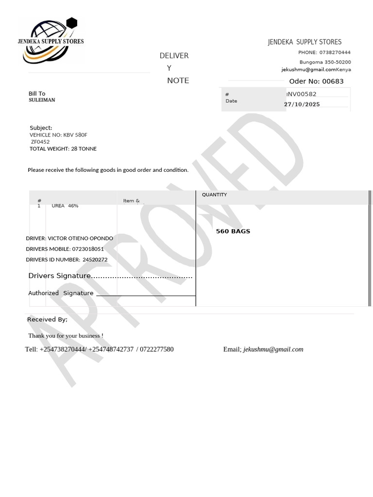 Delivery Note for Urea Shipment | PDF
