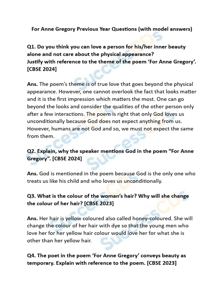 Anne Gregory: Previous Year Questions | PDF | Beauty
