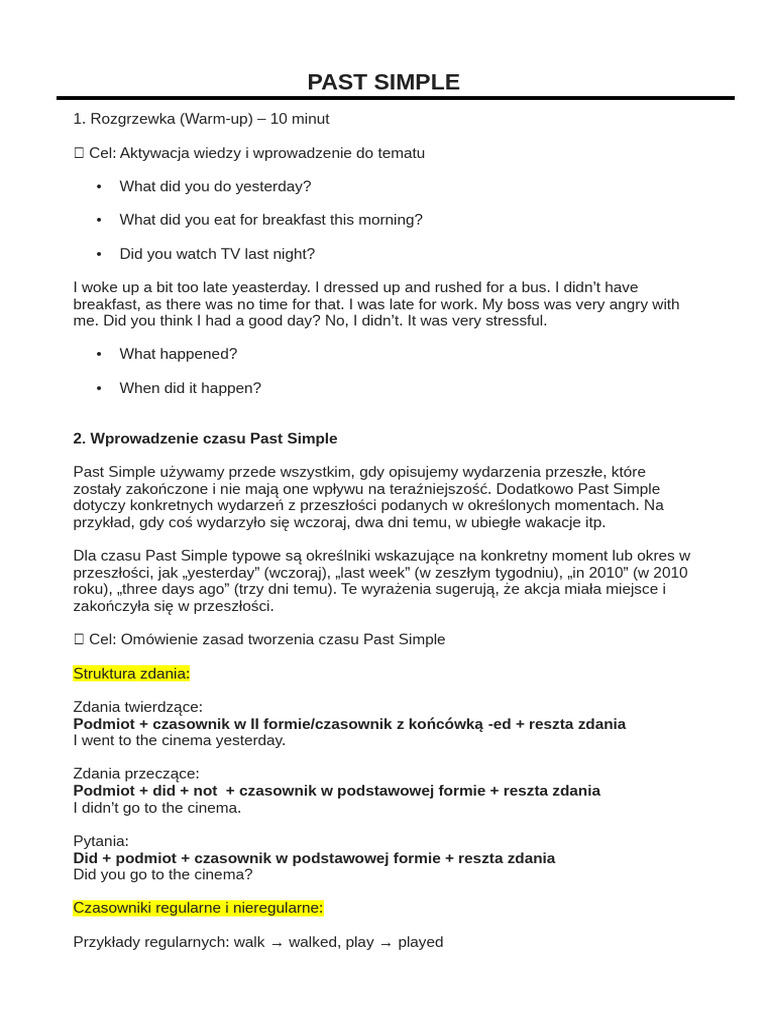 Past Simple Wprowadzenie | PDF