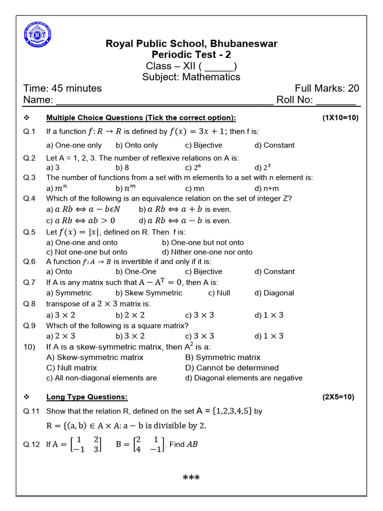 Mathematics (Class XII) - (Periodic Test - 2) (12 | PDF | Matrix ...