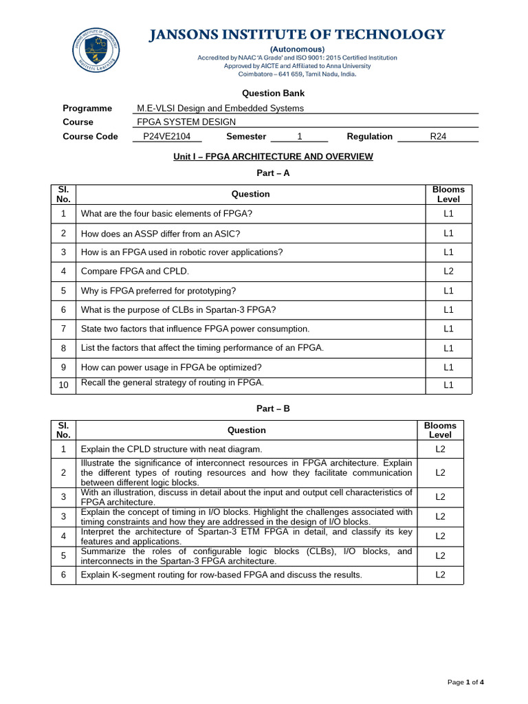 FPGA System Design (PG) Question Bank | PDF | Field Programmable Gate ...