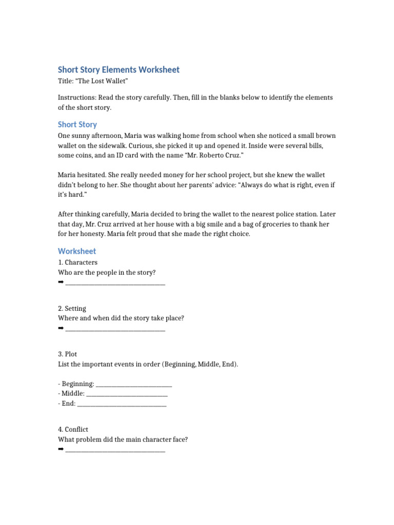 Short Story Elements Worksheet Guide | PDF