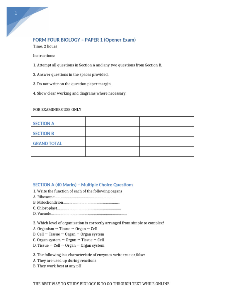 Form Four Biology Paper1 | PDF | Tissue (Biology) | Cell (Biology)