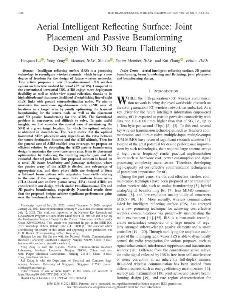 Aerial IRS: 3D Beamforming Design | PDF | Mimo | Antenna (Radio)