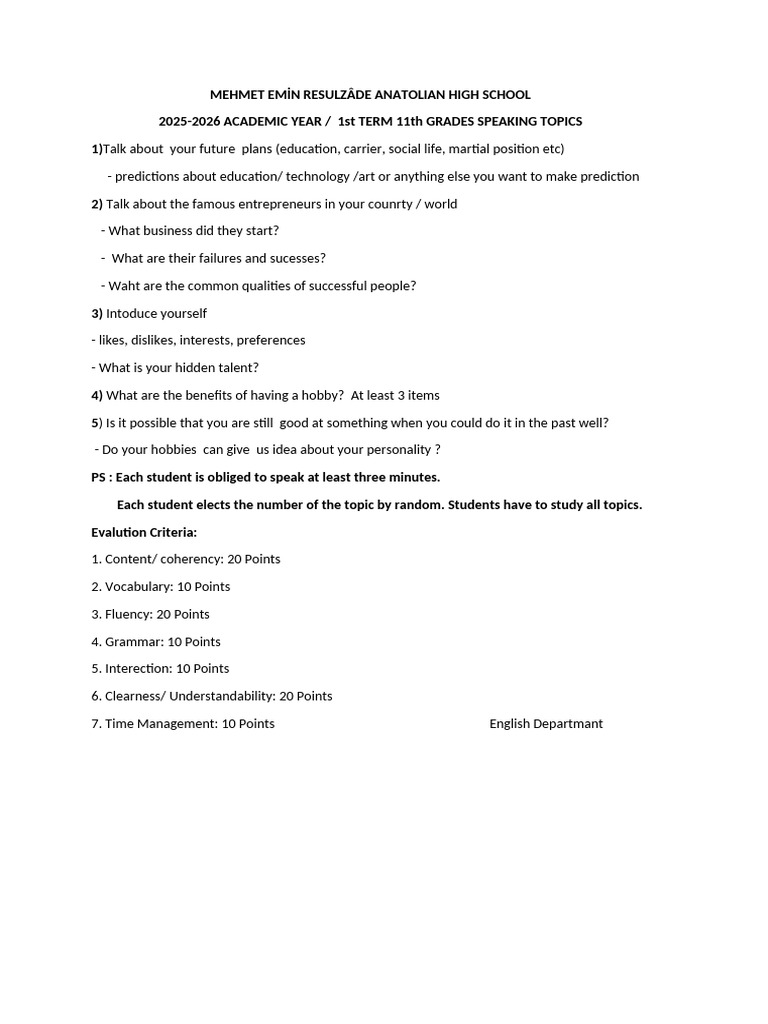 11th Grade Speaking Topics Guide | PDF