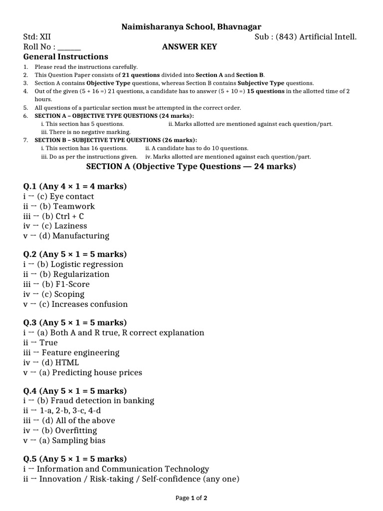 Artificial Intelligence Exam Answer Key | PDF | Accuracy And Precision ...