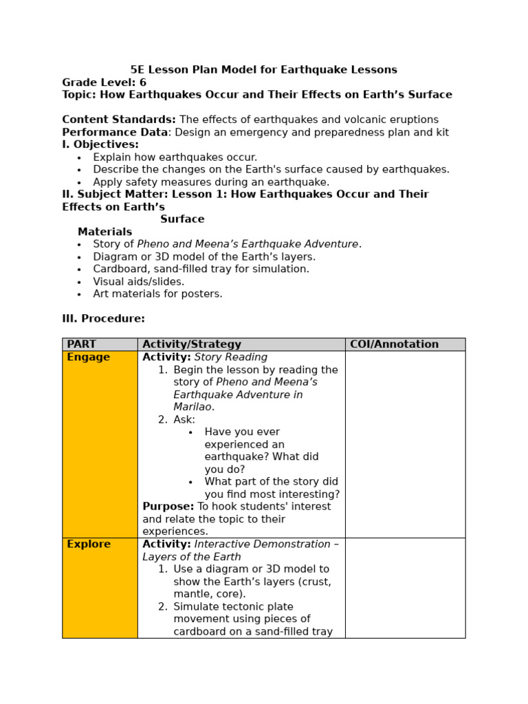 Earthquake Lesson Plan for Grade 6 | PDF | Earthquakes | Plate Tectonics