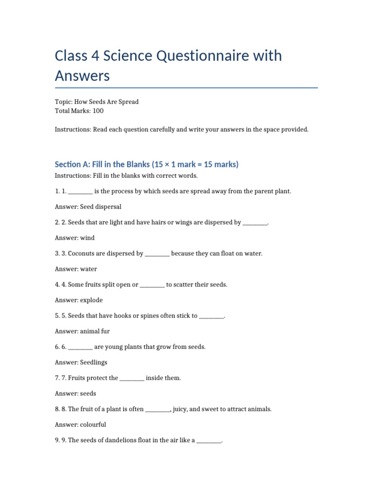 Class 4 Science Questionnaire With Answers | PDF | Seed | Fruit