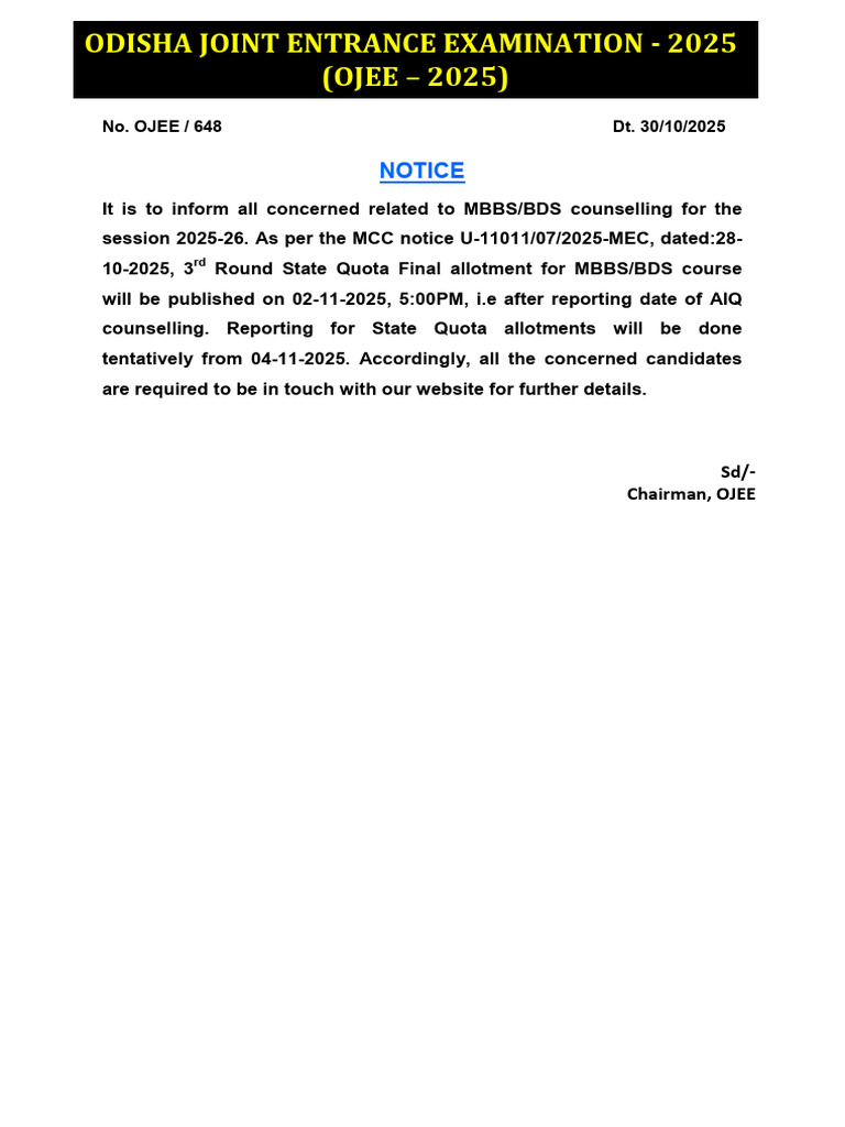 Odisha Joint Entrance Examination - 2025 (OJEE - 2025) : Notice | PDF