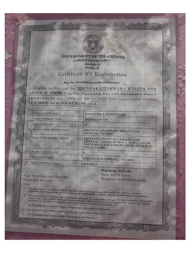Telangana Labour License Renewal Certificate | PDF