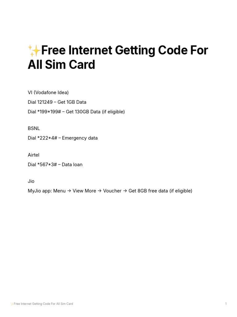 Free Internet Getting Code For All Sim Card | PDF