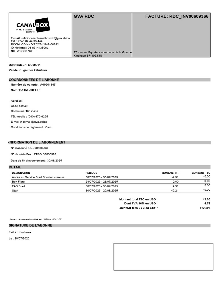 Facture GVA RDC - Abonnement 2025 | PDF