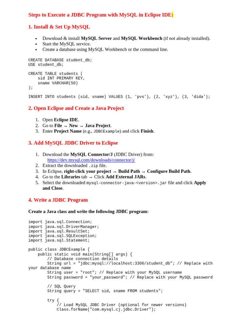 Steps To Execute A JDBC Program With MySQL in Eclipse IDE | PDF | My ...