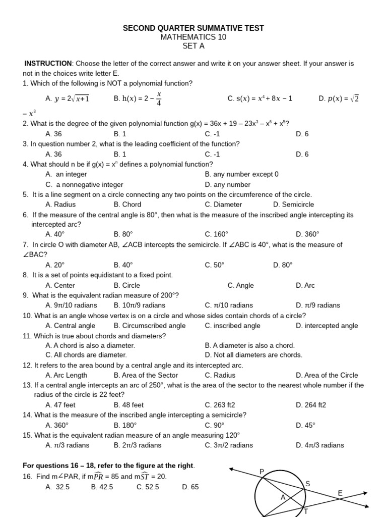 Math 10 Second Quarter Test Questions | PDF | Circle | Angle