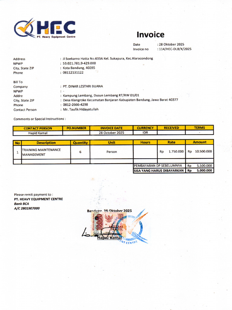 Invoice Training Maintenance Management PT DLB | PDF