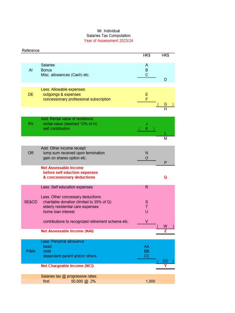 Salaries Tax Computation Template U2425 | PDF | Expense | Taxes