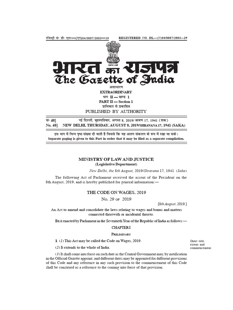 Code on Wages Act 2019 Overview | PDF | Working Time | Wage