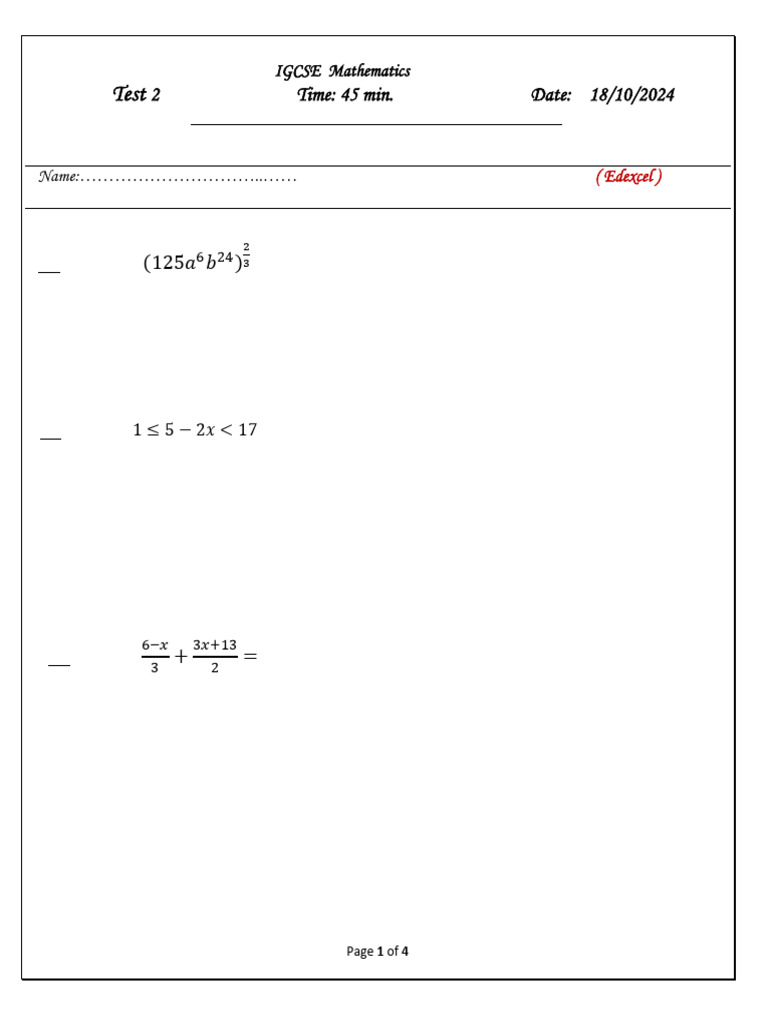 IGCSE Mathematics Test 2 Questions | PDF