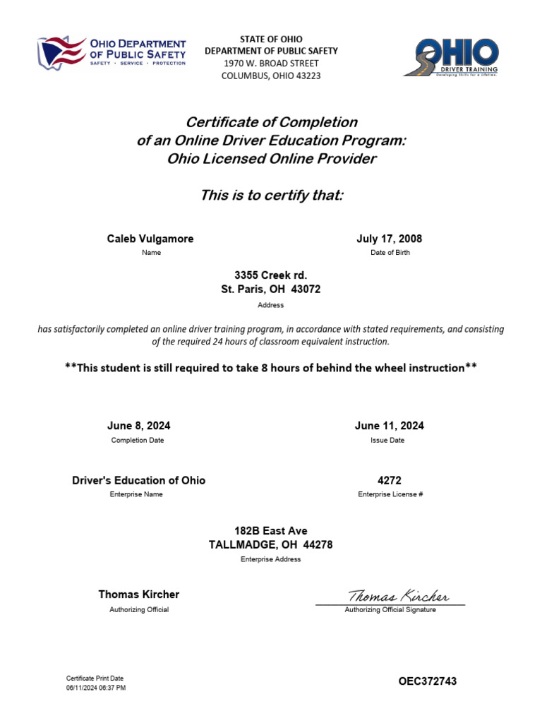 Ohio Online Driver Education Certificate | PDF