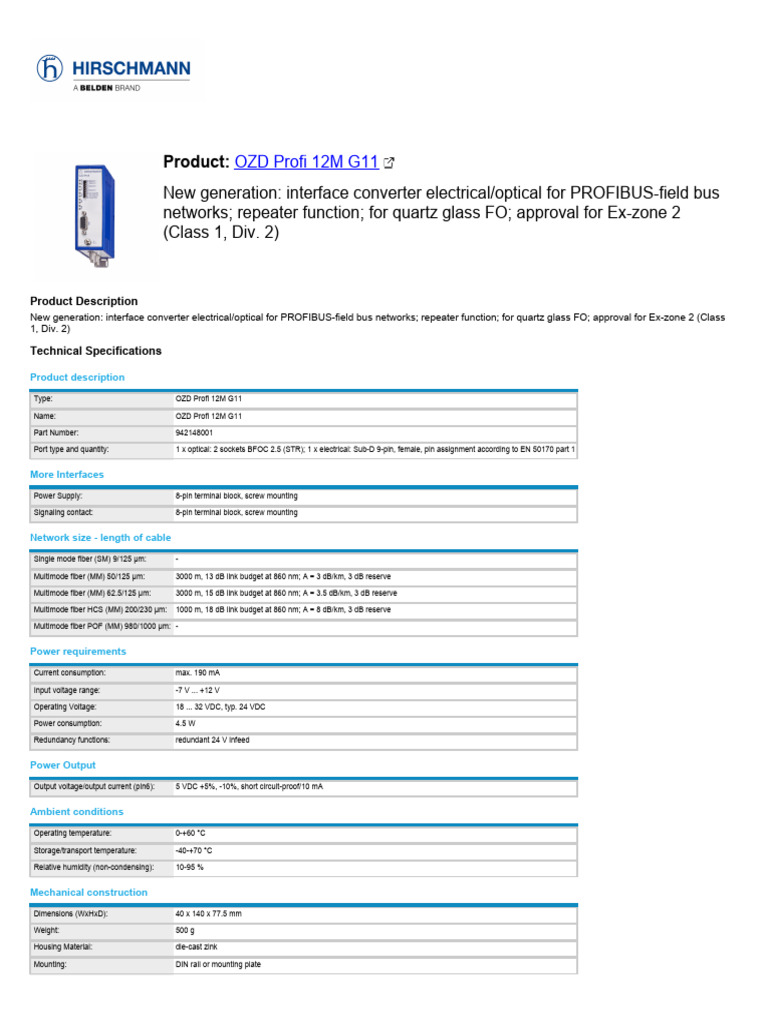 OZD Profi 12M G11 - Techdata | PDF | Optical Fiber | Information