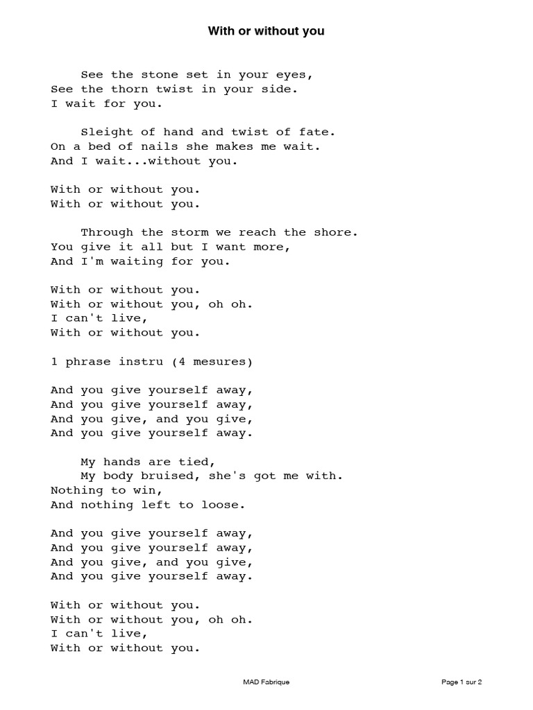 U2: With or Without You Lyrics | PDF