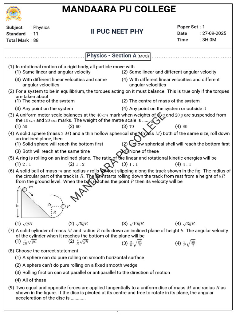 Ii Puc Neet Phy 933257 1 1758879195 | PDF | Rotation Around A Fixed Axis | Torque