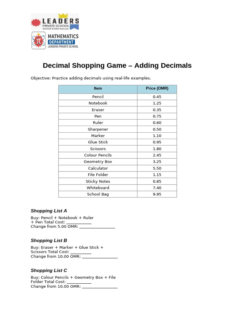 Decimal Shopping Game Grade7 7 | PDF