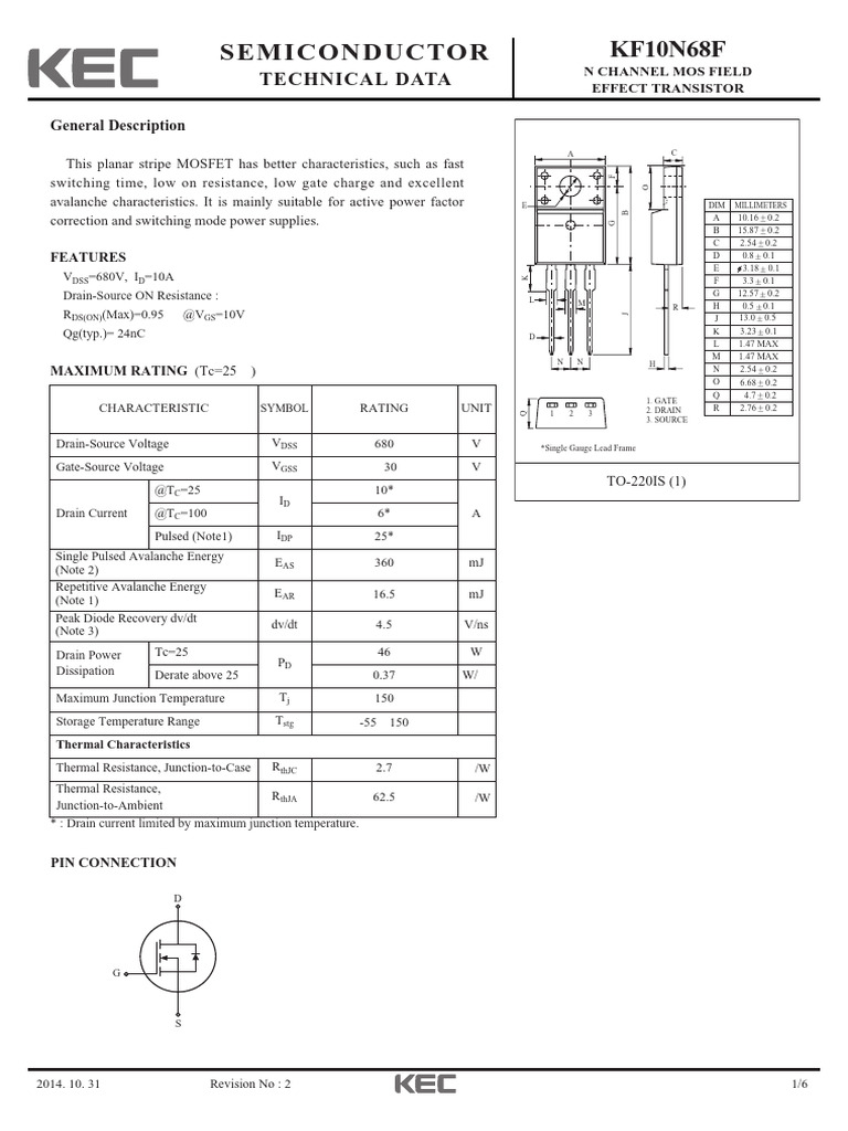 KF10N68F N-Channel MOSFET Specs | PDF | Field Effect Transistor | Mosfet