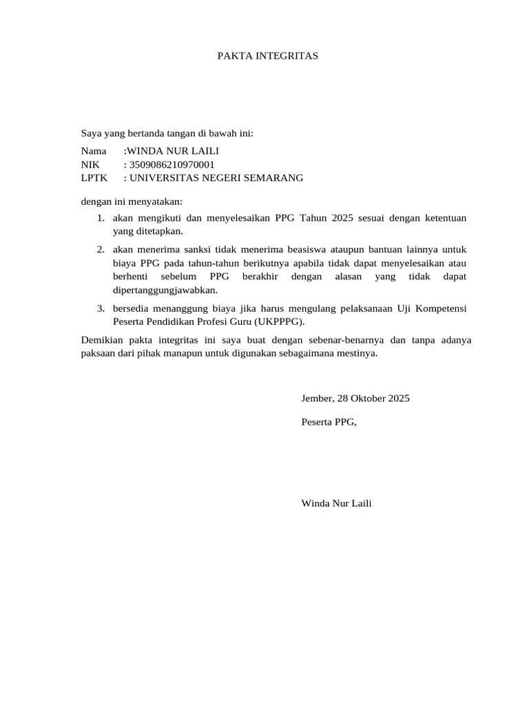 Pakta Integritas PPG UNNES 2025 | PDF