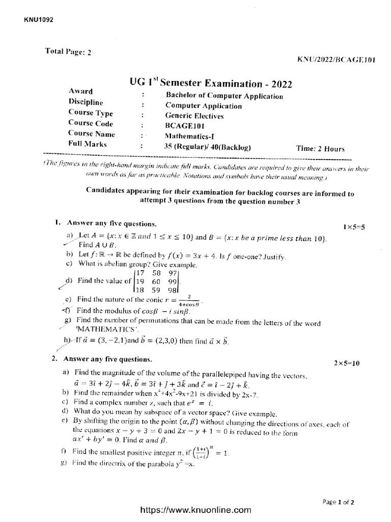 Bca 1 Sem Computer Application Mathematics 1 Bcage101 2022 | PDF