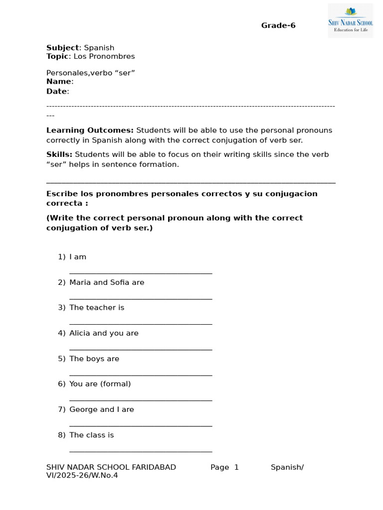 Verb Ser Worksheet | PDF