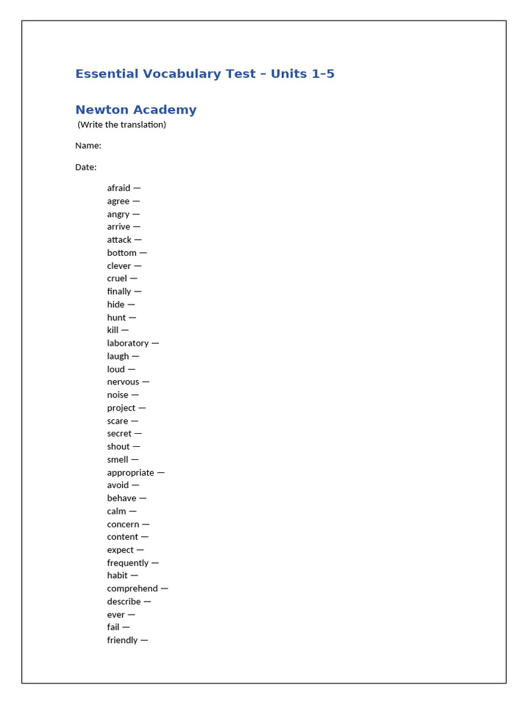 Essential Vocabulary Test Unit 1-5 | PDF
