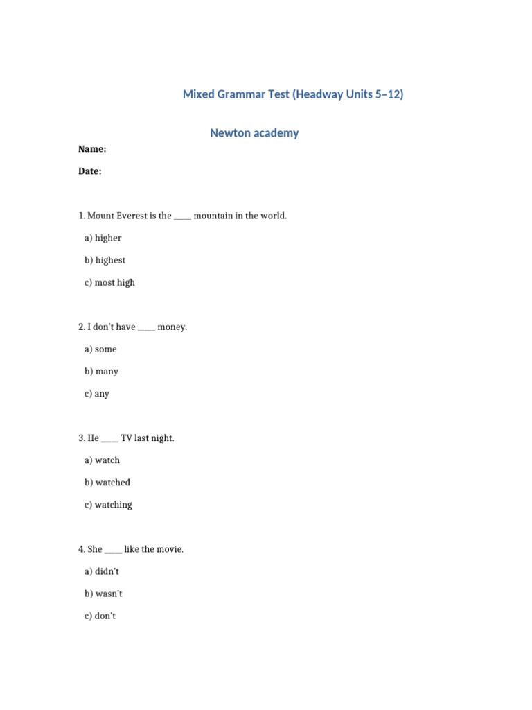 Mixed Grammar Test Units5-12 | PDF | Chess Openings | Chess