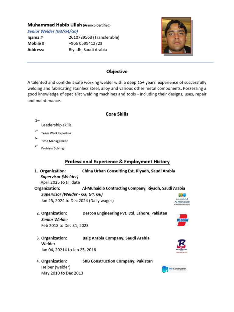 CV - M. Habib Ullah - Welder-1 | PDF | Welding | Construction