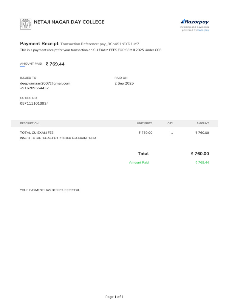 Receipt Pay - RCp4S1rGYD1uY7 From Netaji Nagar Day College (Paid) PDF | PDF