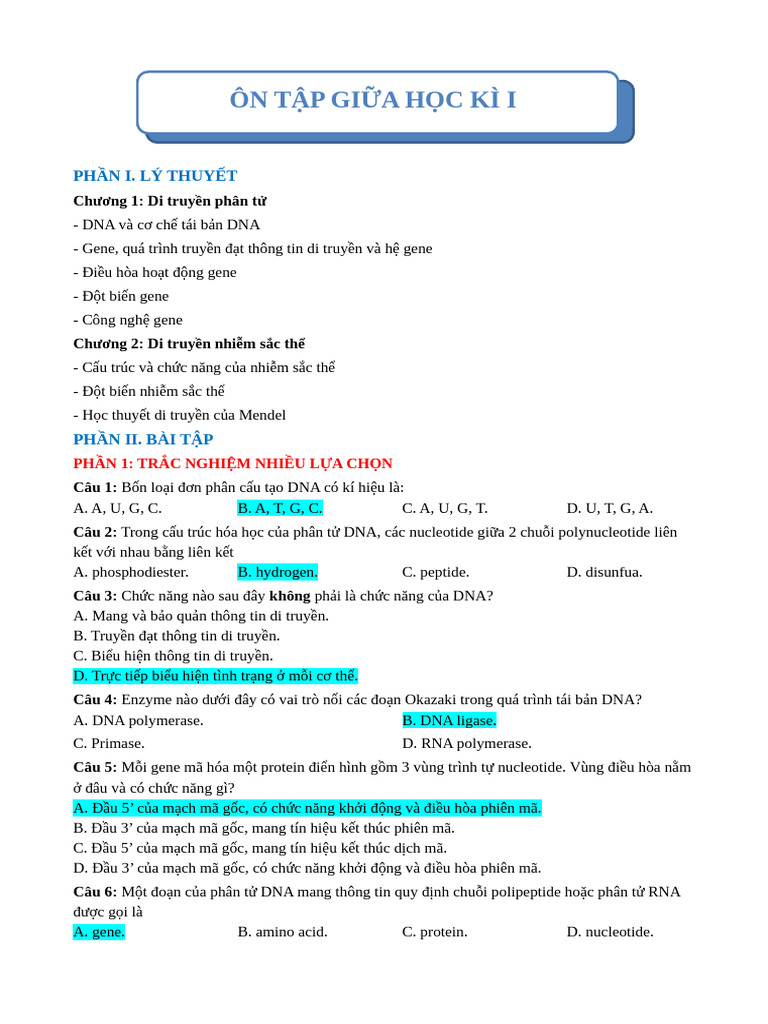 s12-Ôn Tập Giữa Học Kì i - Gv - 1 | PDF
