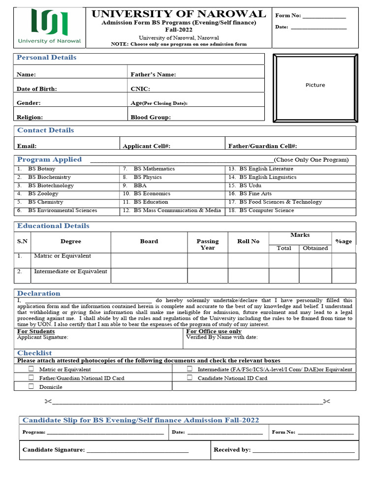 Admission Form BS Programs Evening 2022 | PDF