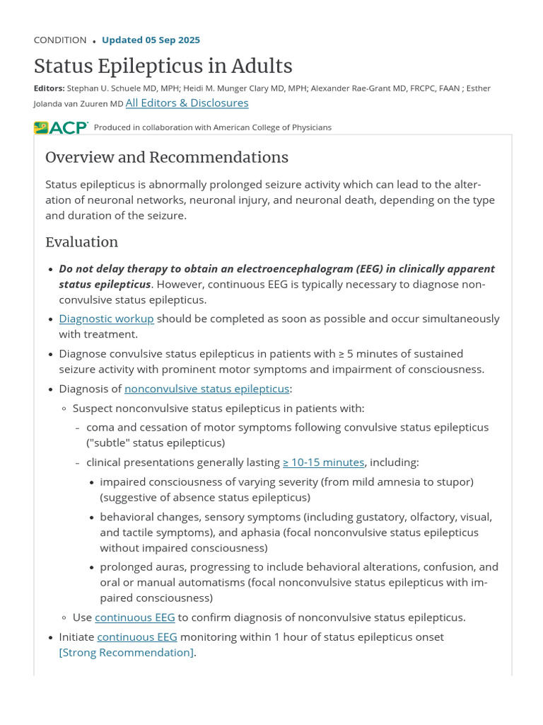 Status Epilepticus Management Guidelines | PDF | Epilepsy | Diseases ...