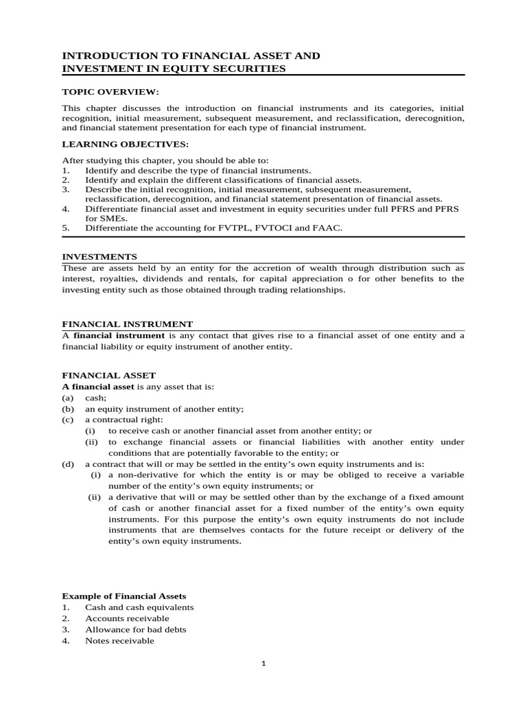 Profs Copy Introduction To Financial Asset and Investment in Equity ...